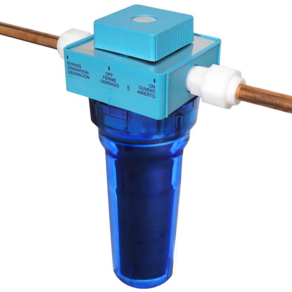 Inline chlorine water filter with ON/OFF/BYPASS valve, Model FC250
